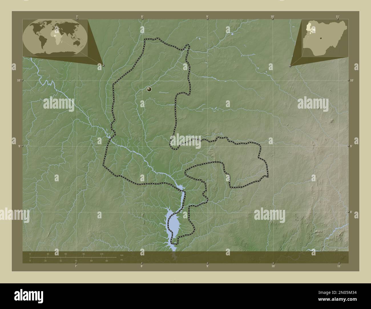 Kebbi, state of Nigeria. Elevation map colored in wiki style with lakes ...