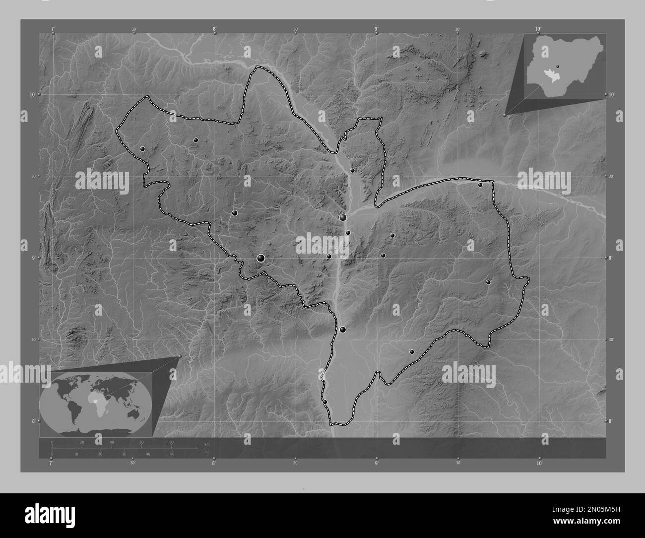 Kogi, state of Nigeria. Grayscale elevation map with lakes and rivers ...