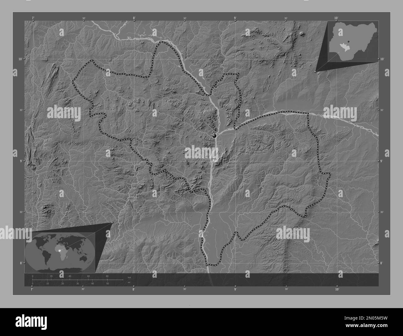 Kogi, state of Nigeria. Bilevel elevation map with lakes and rivers ...