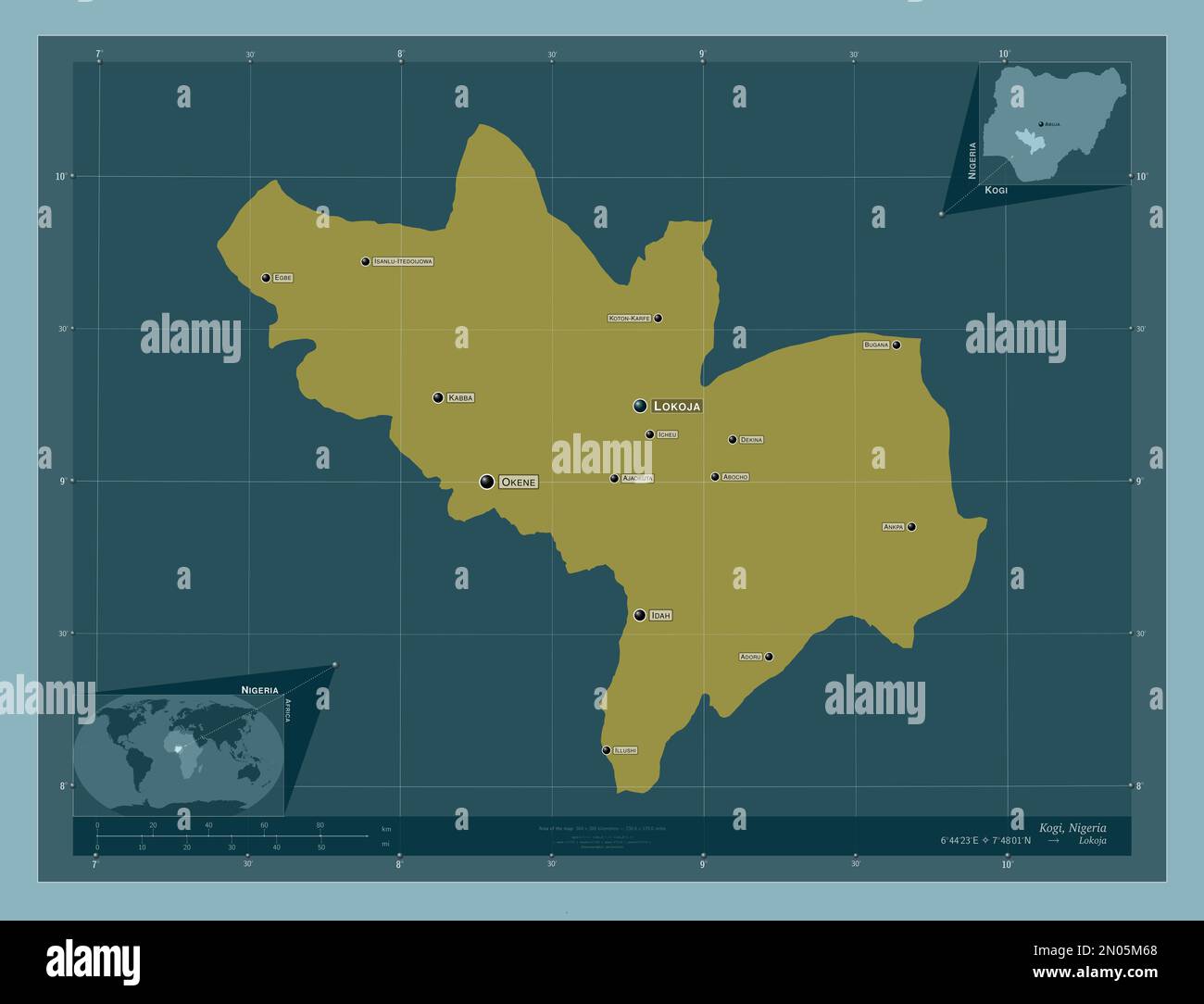 Kogi, state of Nigeria. Solid color shape. Locations and names of major ...