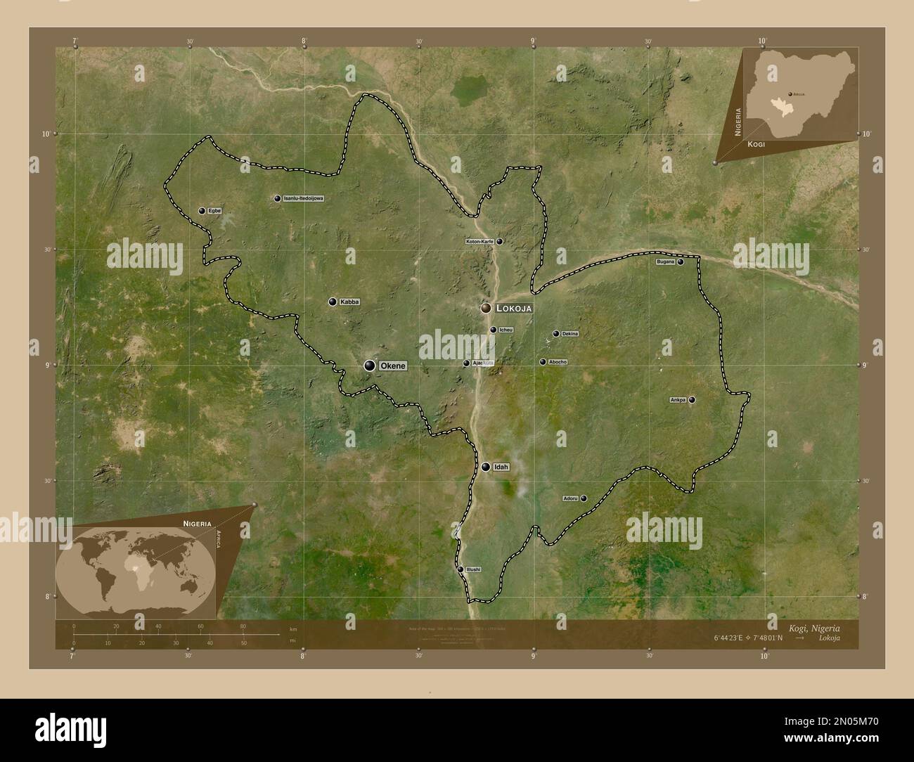 Kogi, state of Nigeria. Low resolution satellite map. Locations and ...