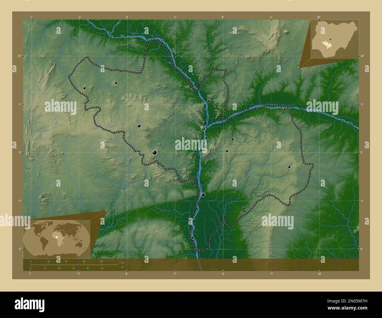 Kogi, state of Nigeria. Colored elevation map with lakes and rivers ...