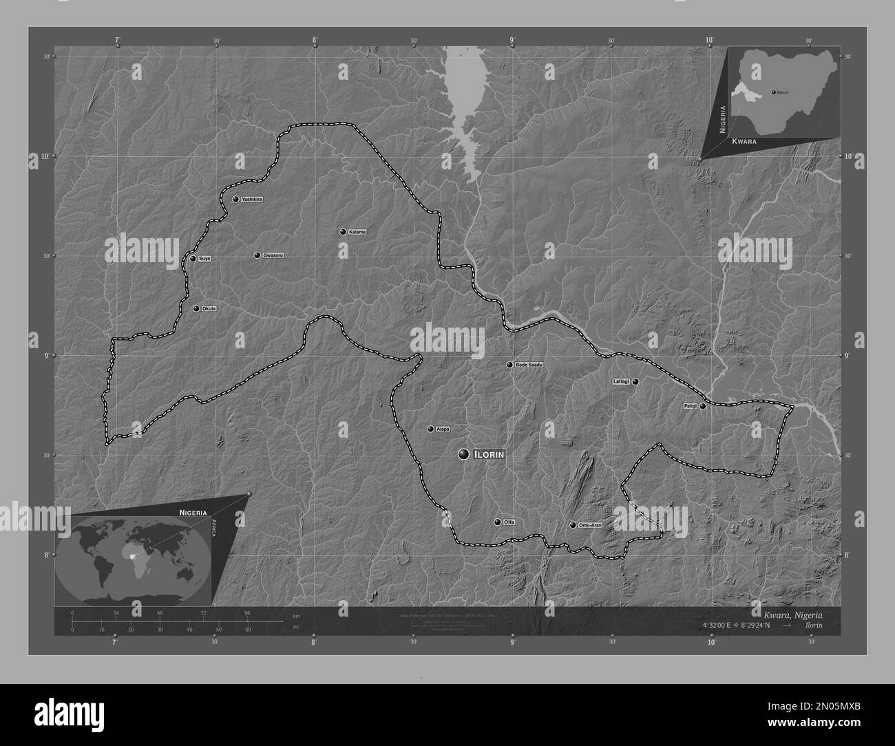 Kwara, state of Nigeria. Bilevel elevation map with lakes and rivers ...