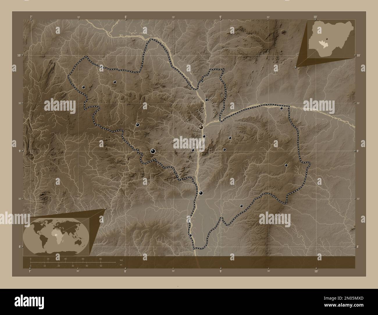Kogi, state of Nigeria. Elevation map colored in sepia tones with lakes ...