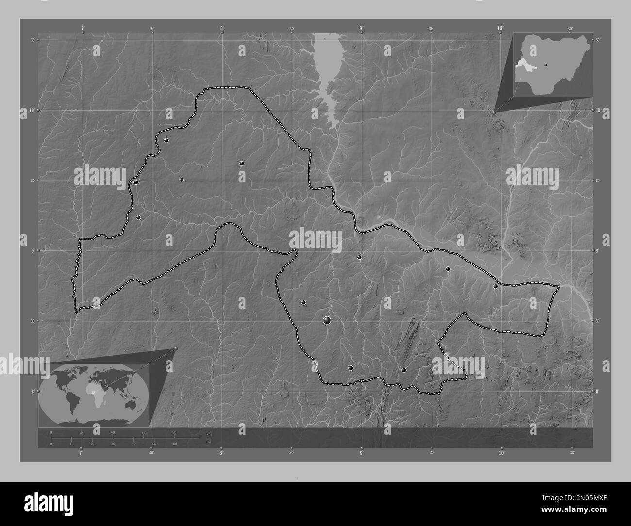 Kwara, state of Nigeria. Grayscale elevation map with lakes and rivers ...