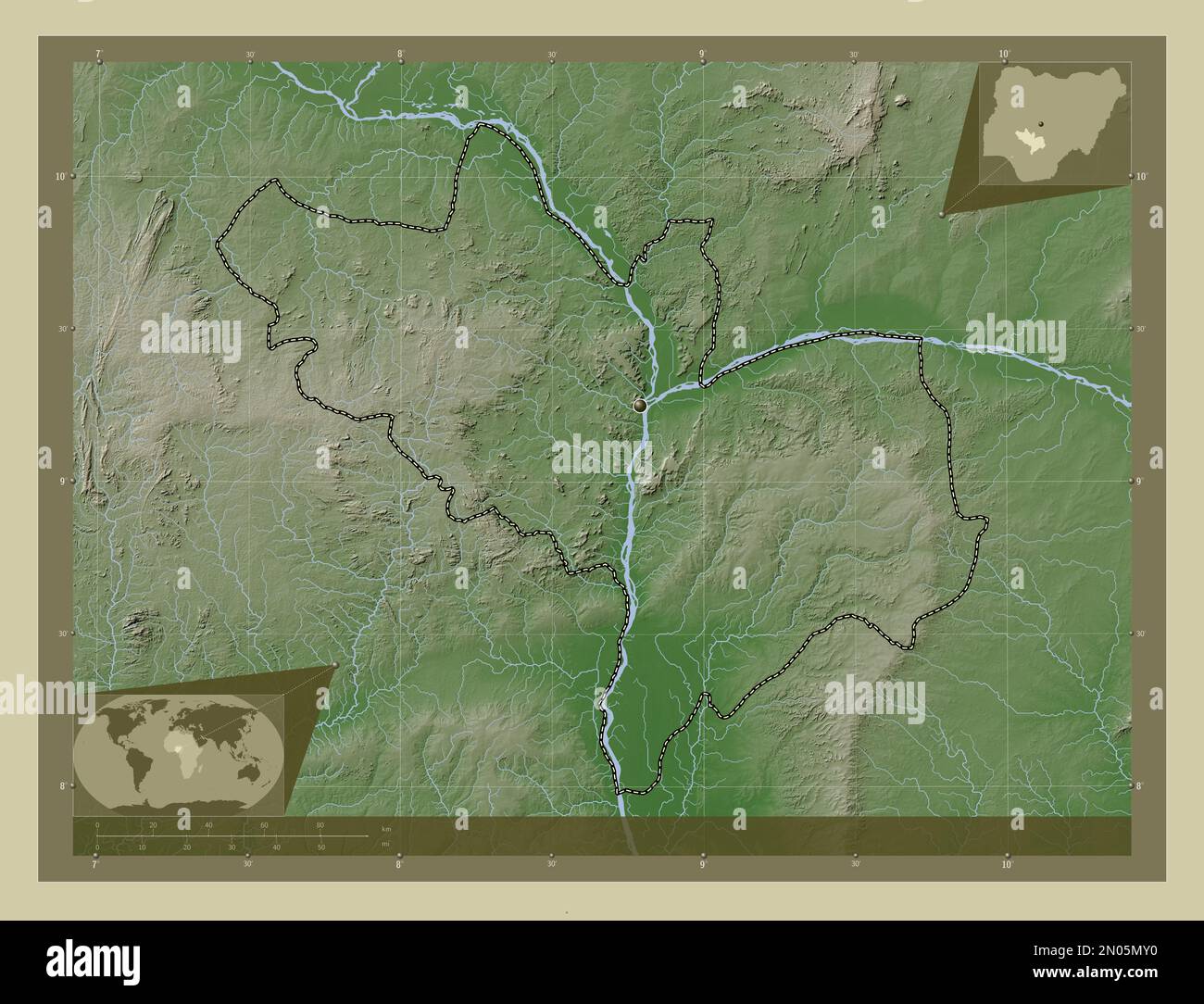 Kogi, state of Nigeria. Elevation map colored in wiki style with lakes ...