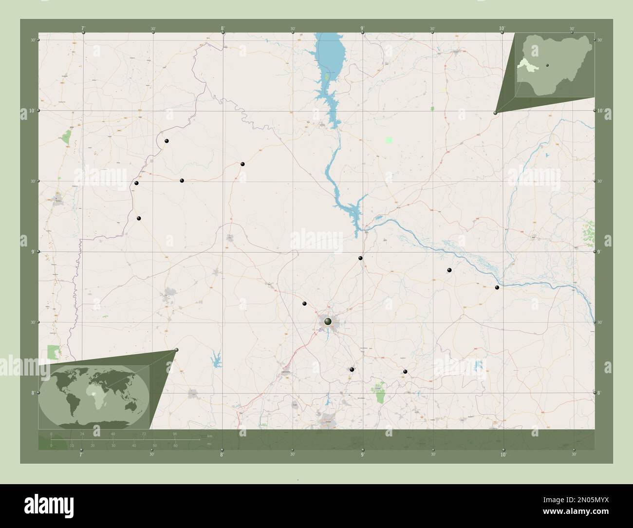 Kwara, state of Nigeria. Open Street Map. Locations of major cities of ...