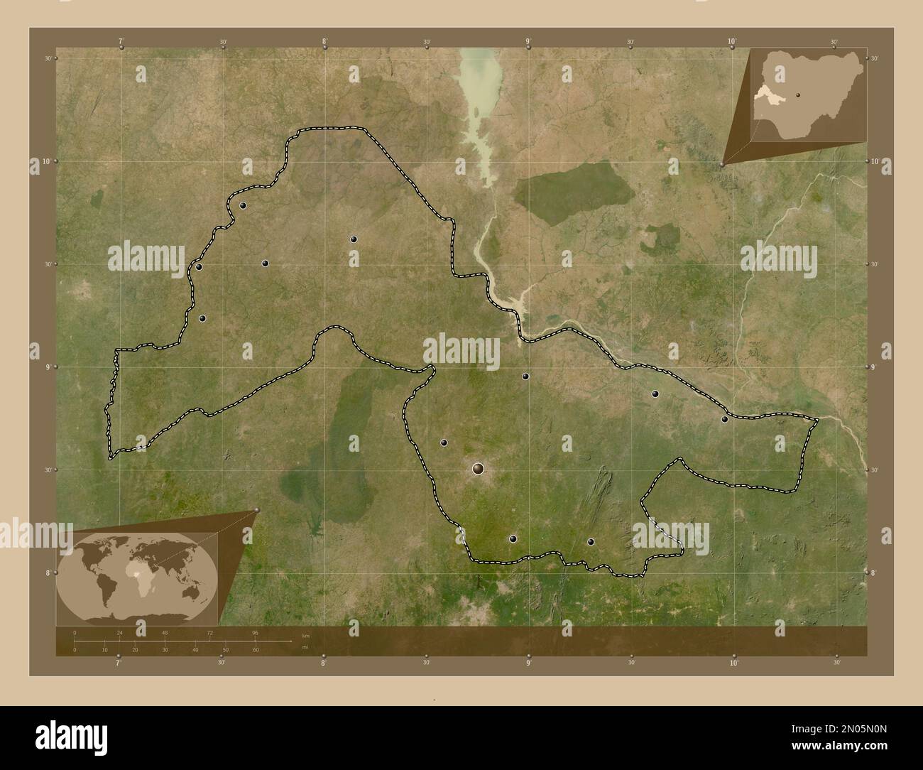 Kwara, state of Nigeria. Low resolution satellite map. Locations of ...