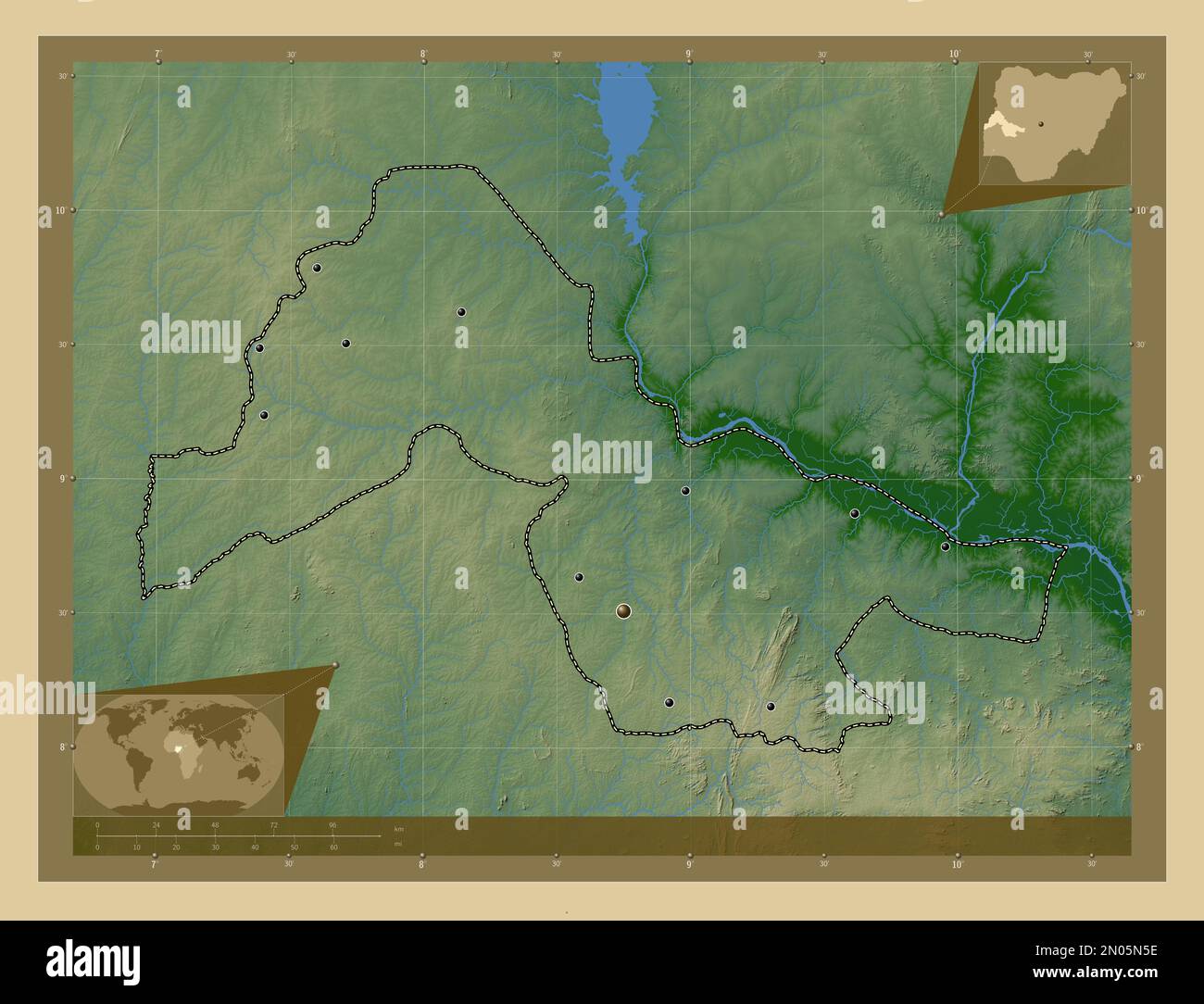 Kwara, state of Nigeria. Colored elevation map with lakes and rivers ...