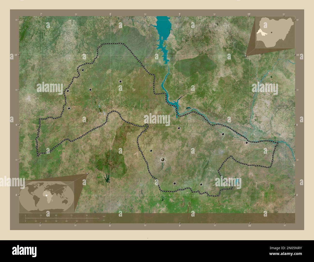 Kwara, state of Nigeria. High resolution satellite map. Locations of ...