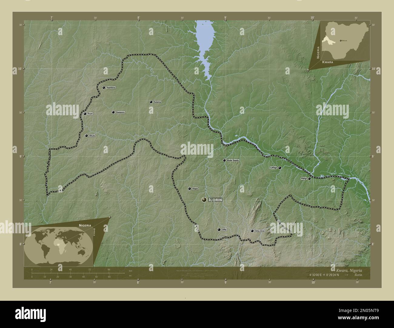 Kwara, state of Nigeria. Elevation map colored in wiki style with lakes ...
