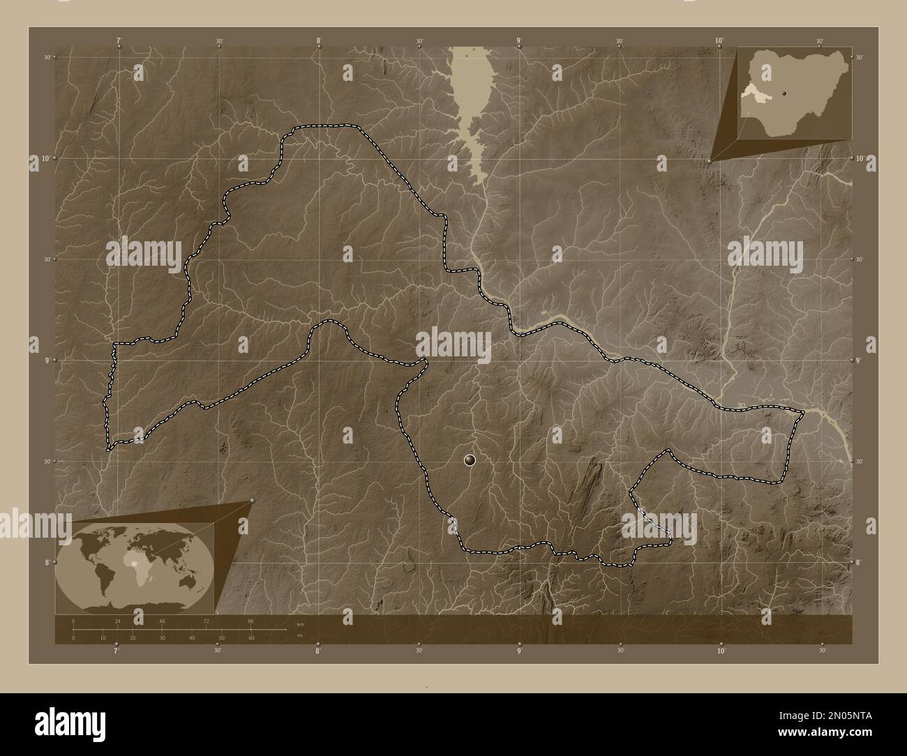 Kwara, state of Nigeria. Elevation map colored in sepia tones with ...