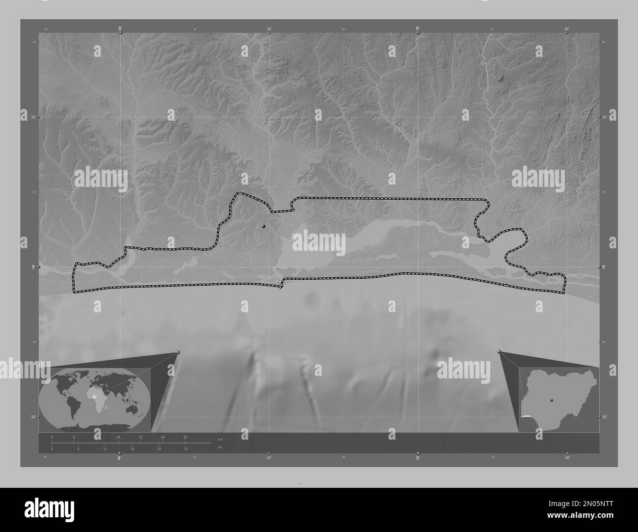 Lagos, state of Nigeria. Grayscale elevation map with lakes and rivers ...
