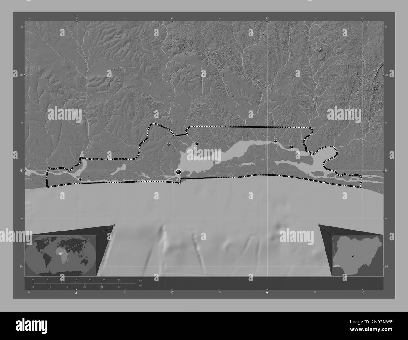 Lagos, state of Nigeria. Bilevel elevation map with lakes and rivers ...