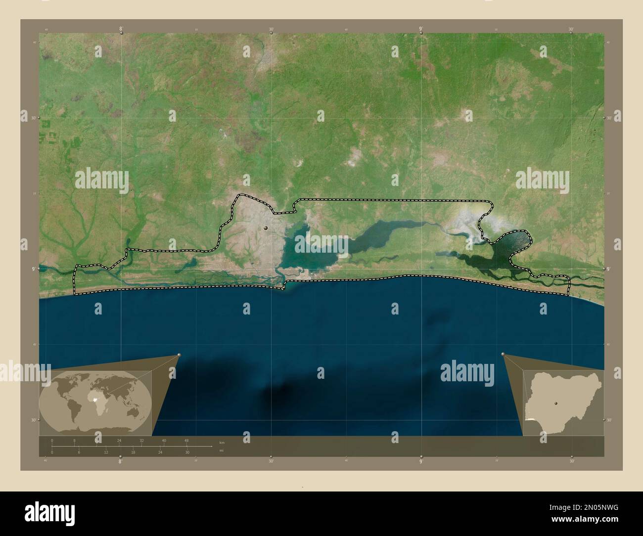 Lagos, state of Nigeria. High resolution satellite map. Corner ...