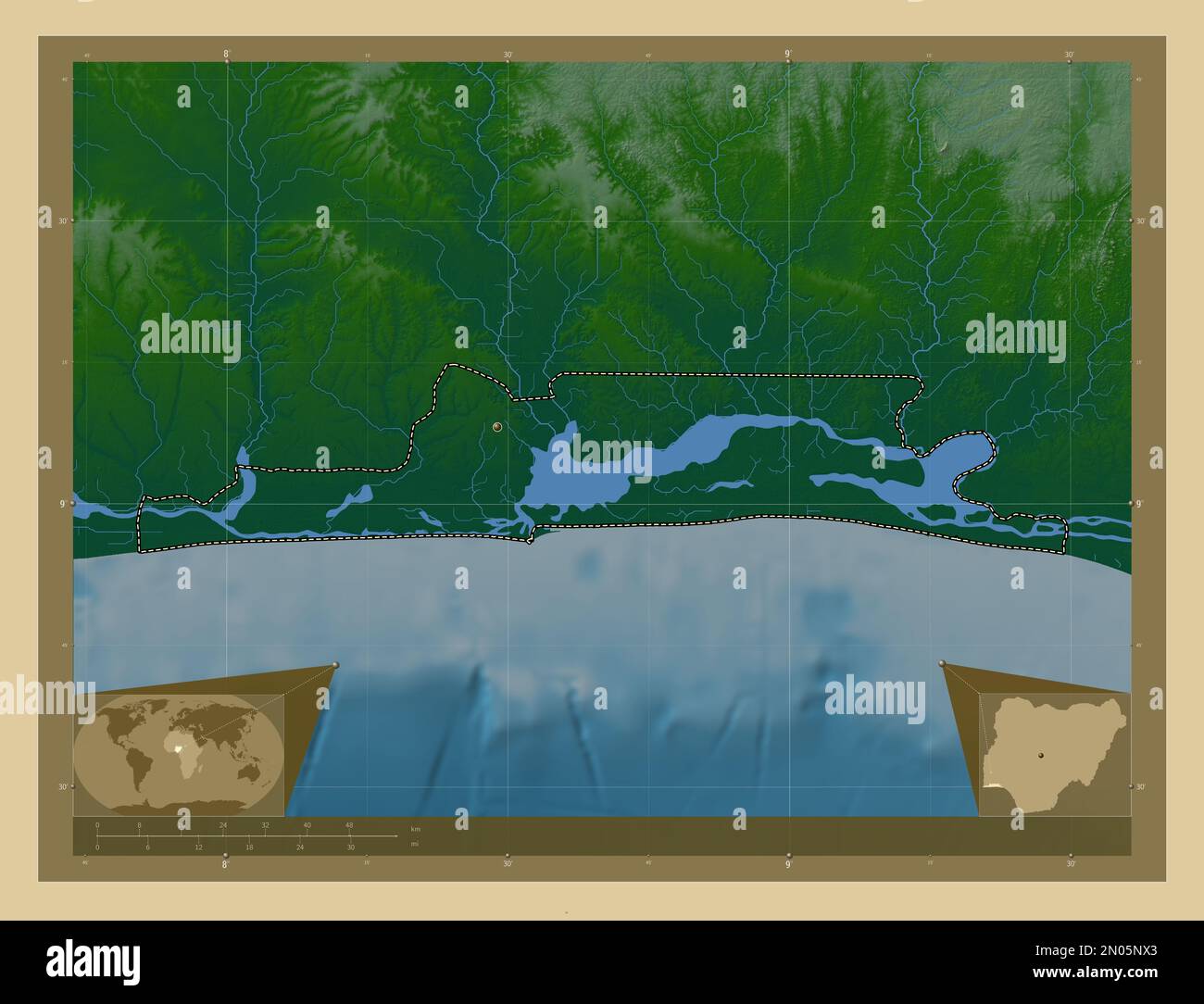 Lagos, state of Nigeria. Colored elevation map with lakes and rivers ...