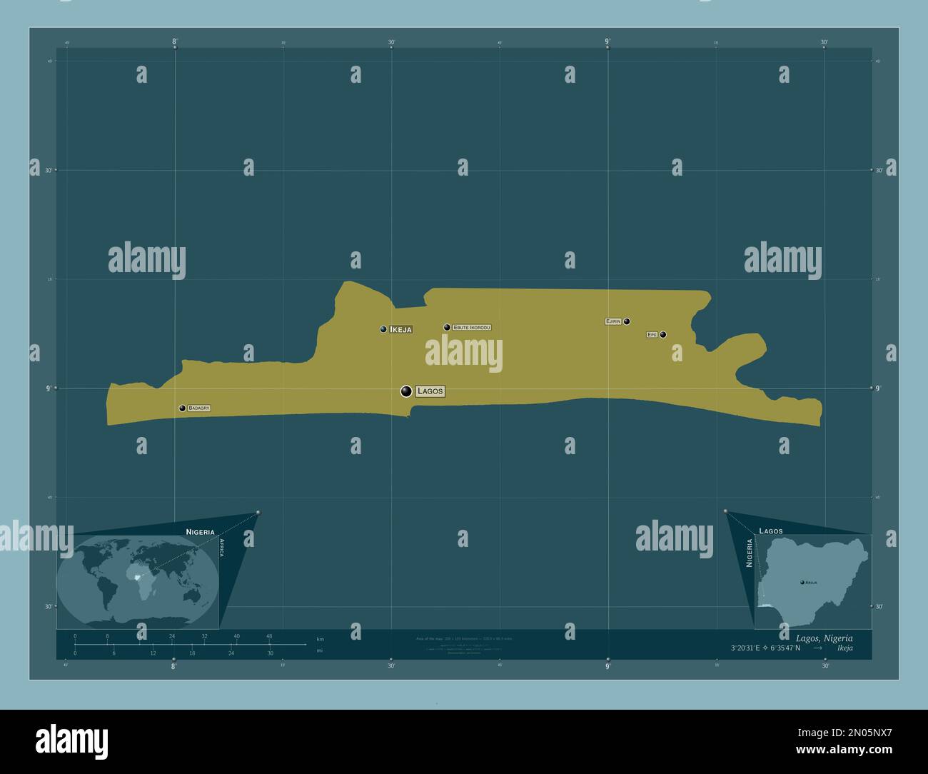 Lagos, state of Nigeria. Solid color shape. Locations and names of ...