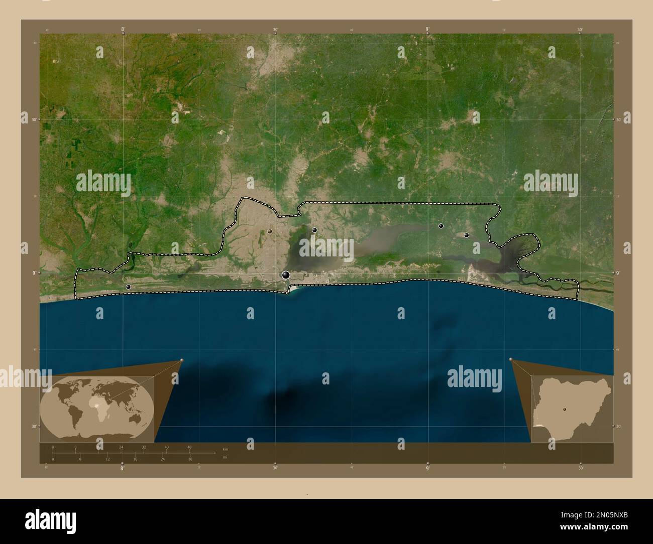Lagos, state of Nigeria. Low resolution satellite map. Locations of ...