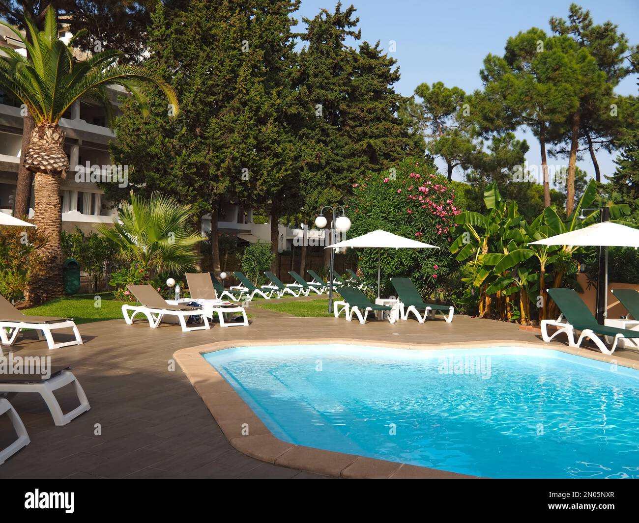 Typical hotel pool with sunbeds in Algarve Portugal Stock Photo - Alamy