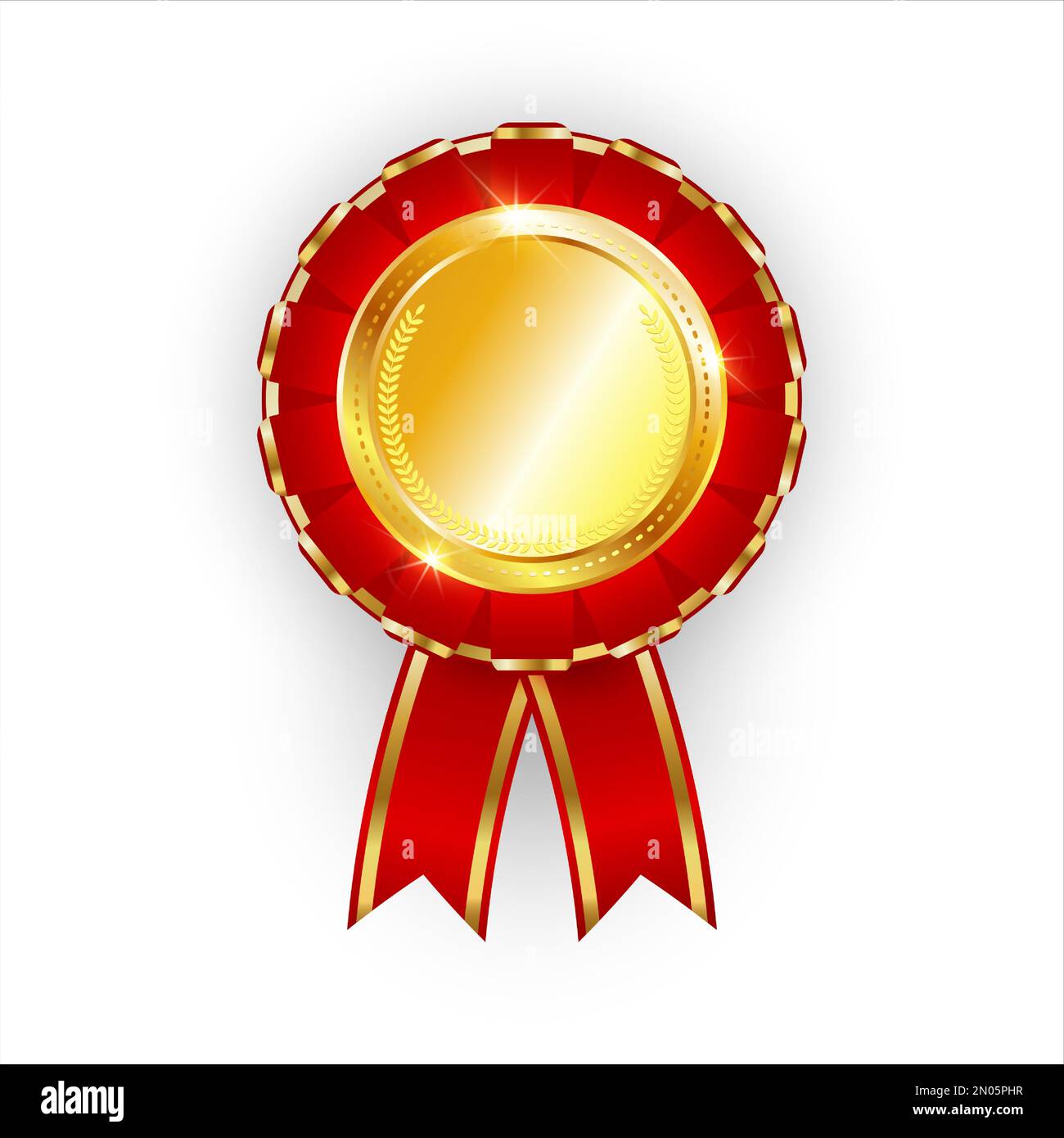 Realistic golden award decorated with red ribbon. Gold medal 1st place ...