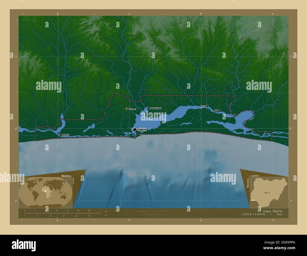 Lagos, state of Nigeria. Colored elevation map with lakes and rivers ...