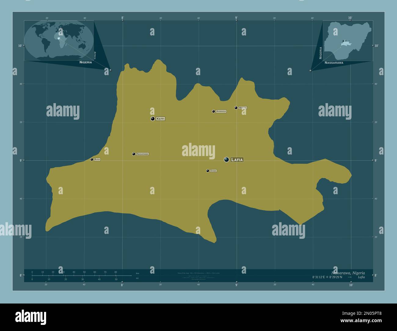 Nassarawa, state of Nigeria. Solid color shape. Locations and names of ...