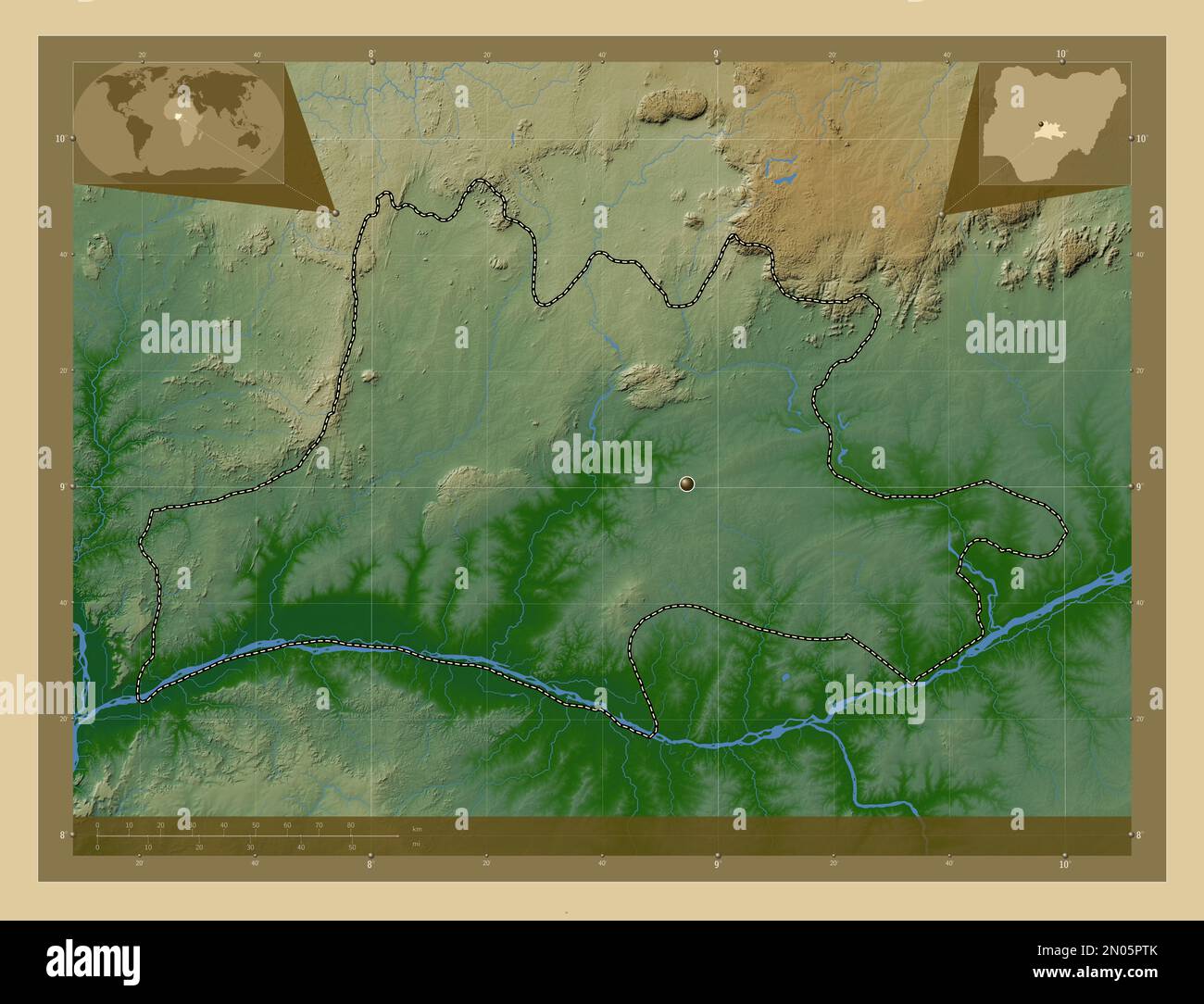 Nassarawa, state of Nigeria. Colored elevation map with lakes and ...