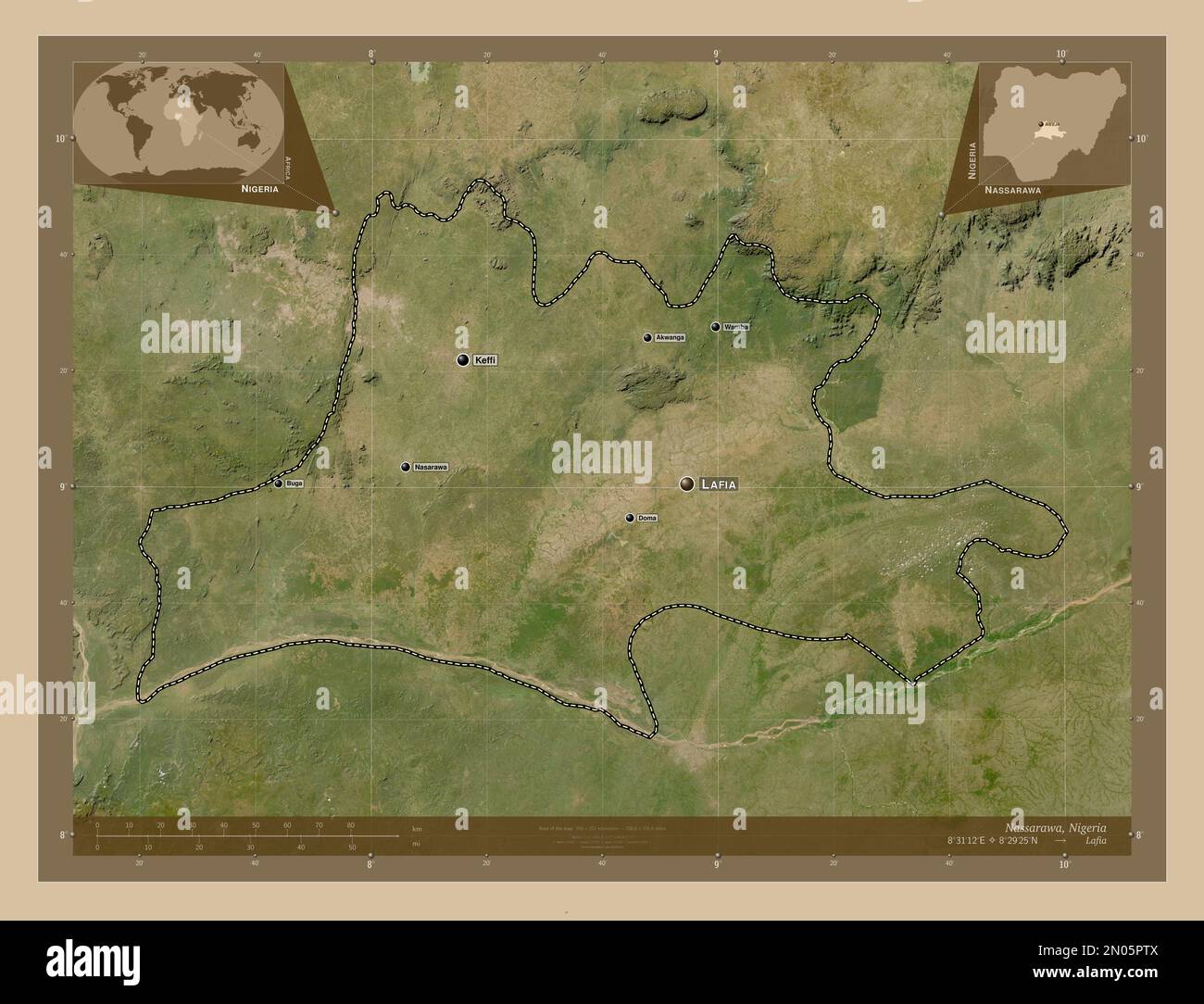 Nassarawa, state of Nigeria. Low resolution satellite map. Locations ...