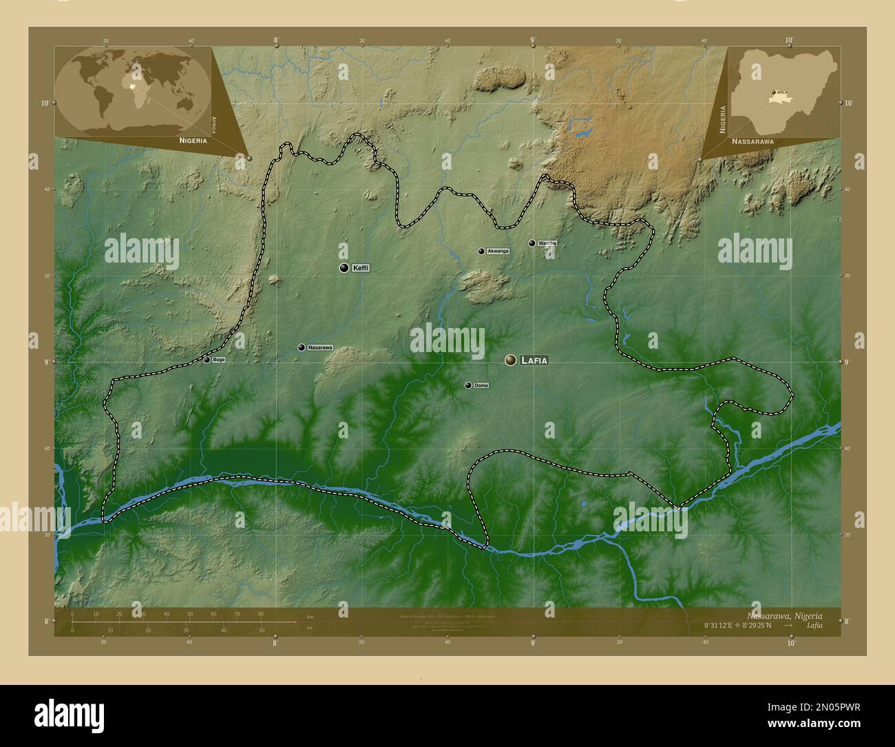 Nassarawa, state of Nigeria. Colored elevation map with lakes and ...