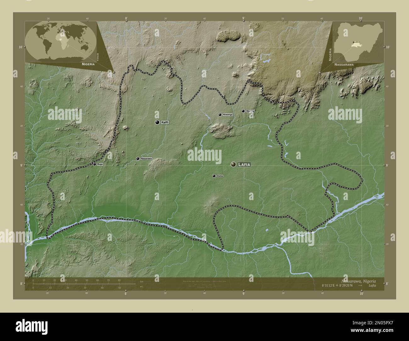 Nassarawa, state of Nigeria. Elevation map colored in wiki style with ...