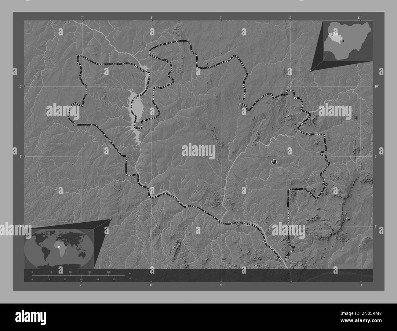 Niger, state of Nigeria. Bilevel elevation map with lakes and rivers ...