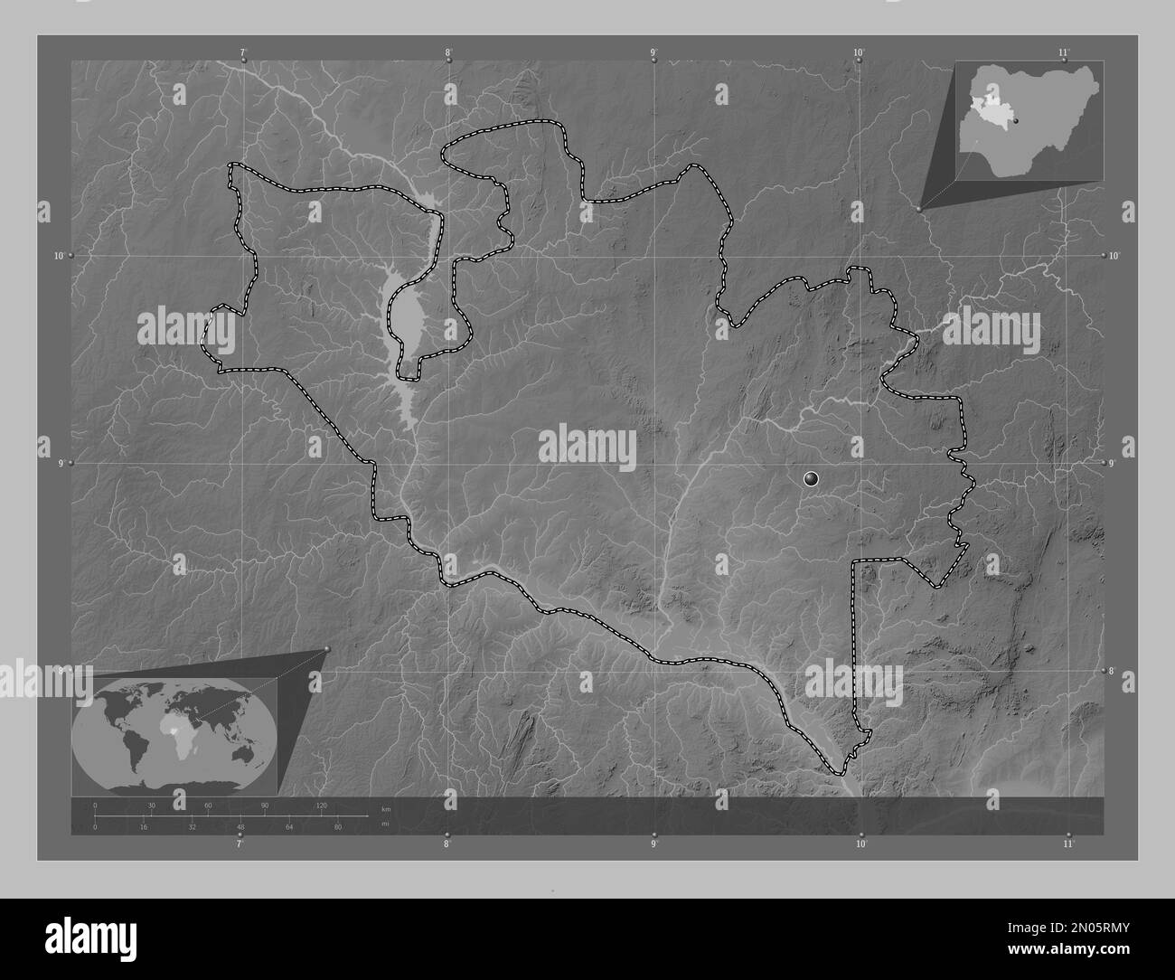 Niger, state of Nigeria. Grayscale elevation map with lakes and rivers ...