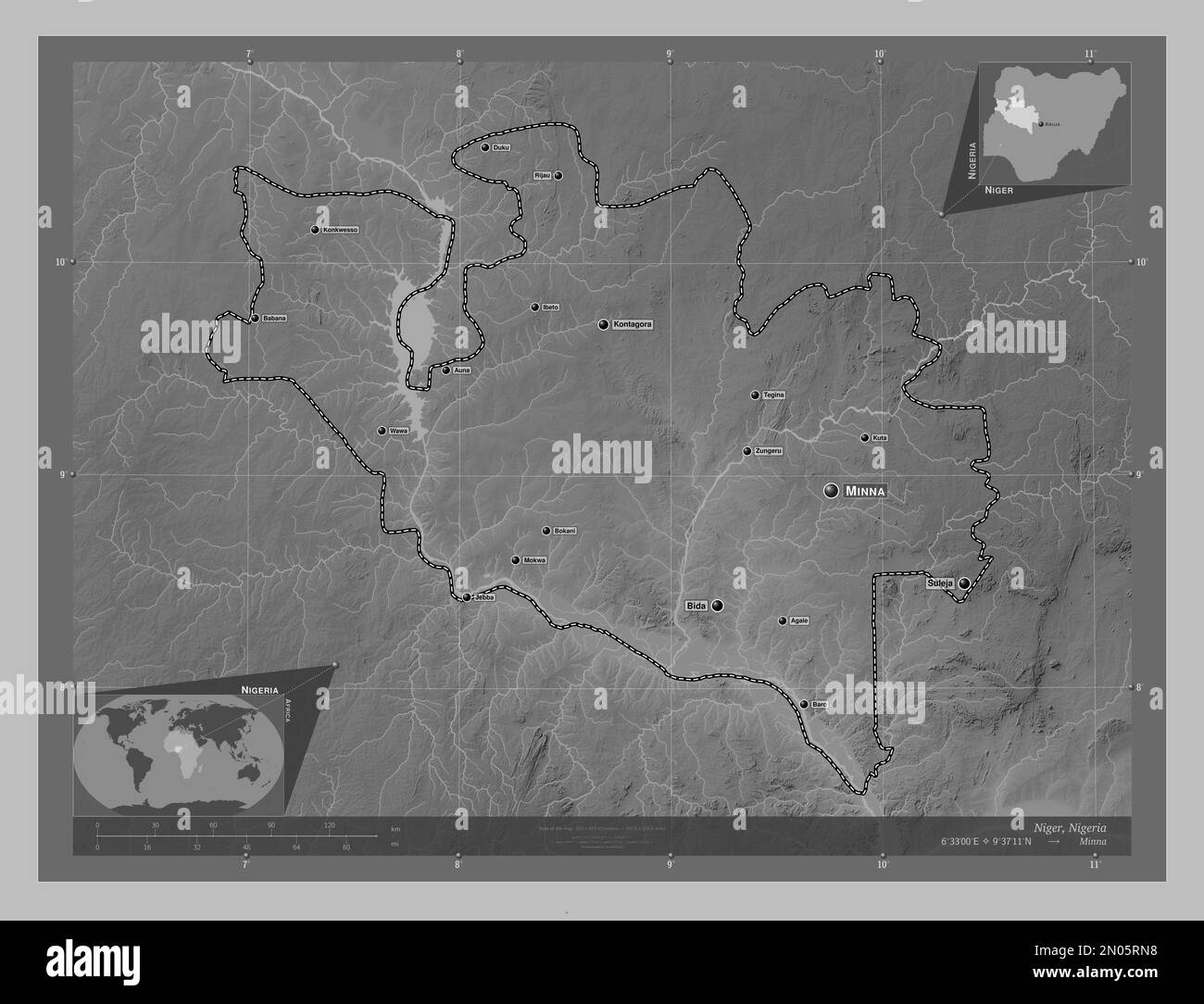 Niger, state of Nigeria. Grayscale elevation map with lakes and rivers ...