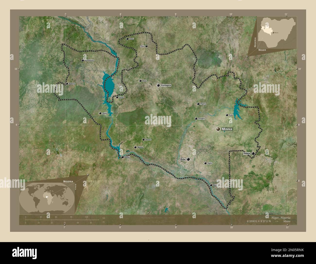 Niger, state of Nigeria. High resolution satellite map. Locations and ...