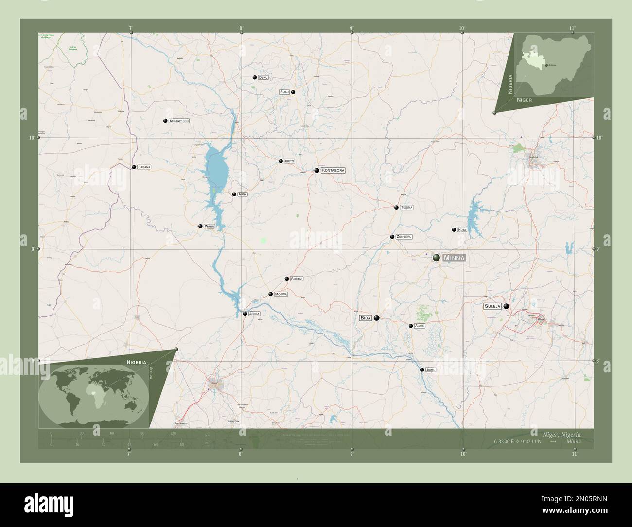 Niger, state of Nigeria. Open Street Map. Locations and names of major ...