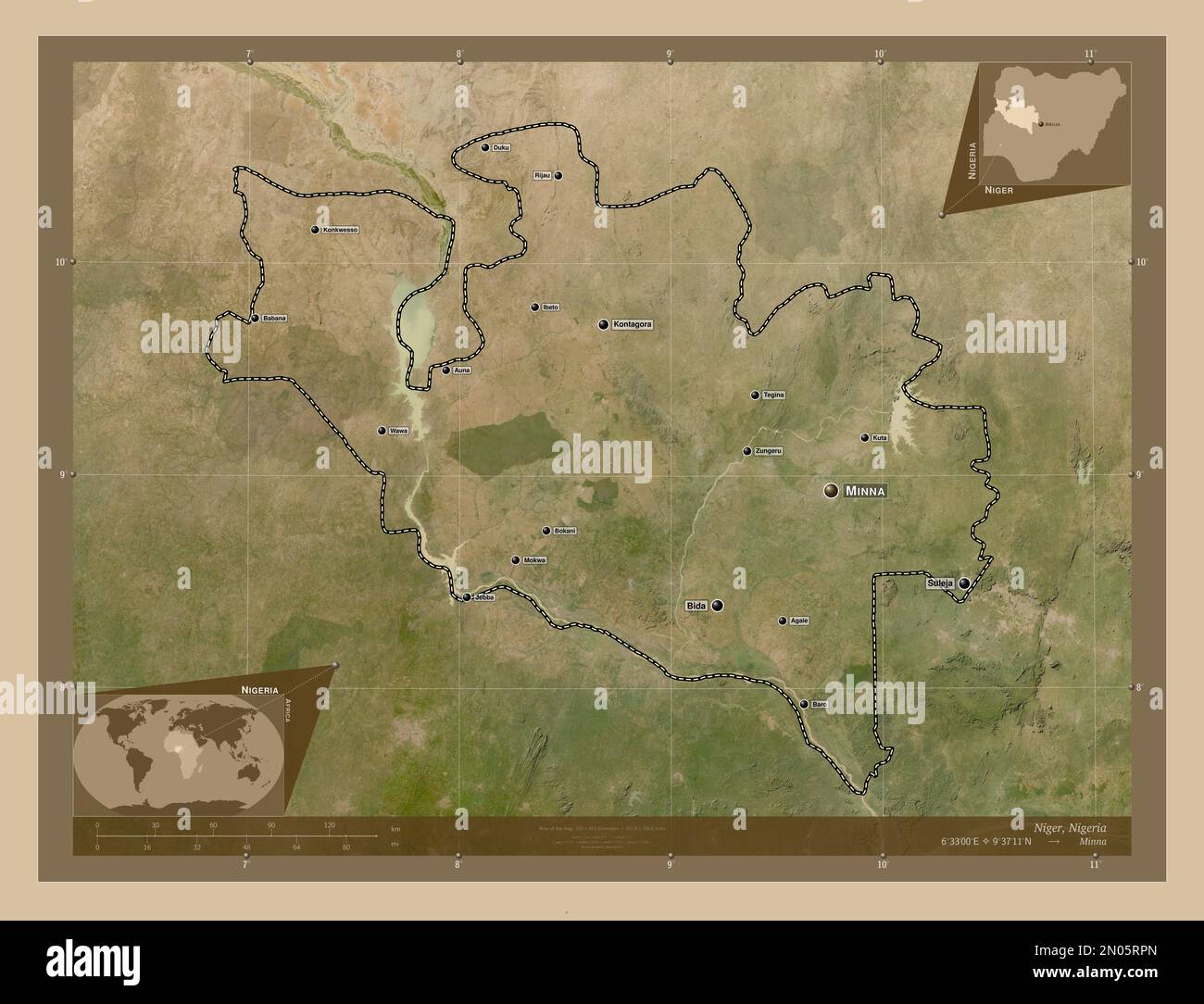 Niger, state of Nigeria. Low resolution satellite map. Locations and ...