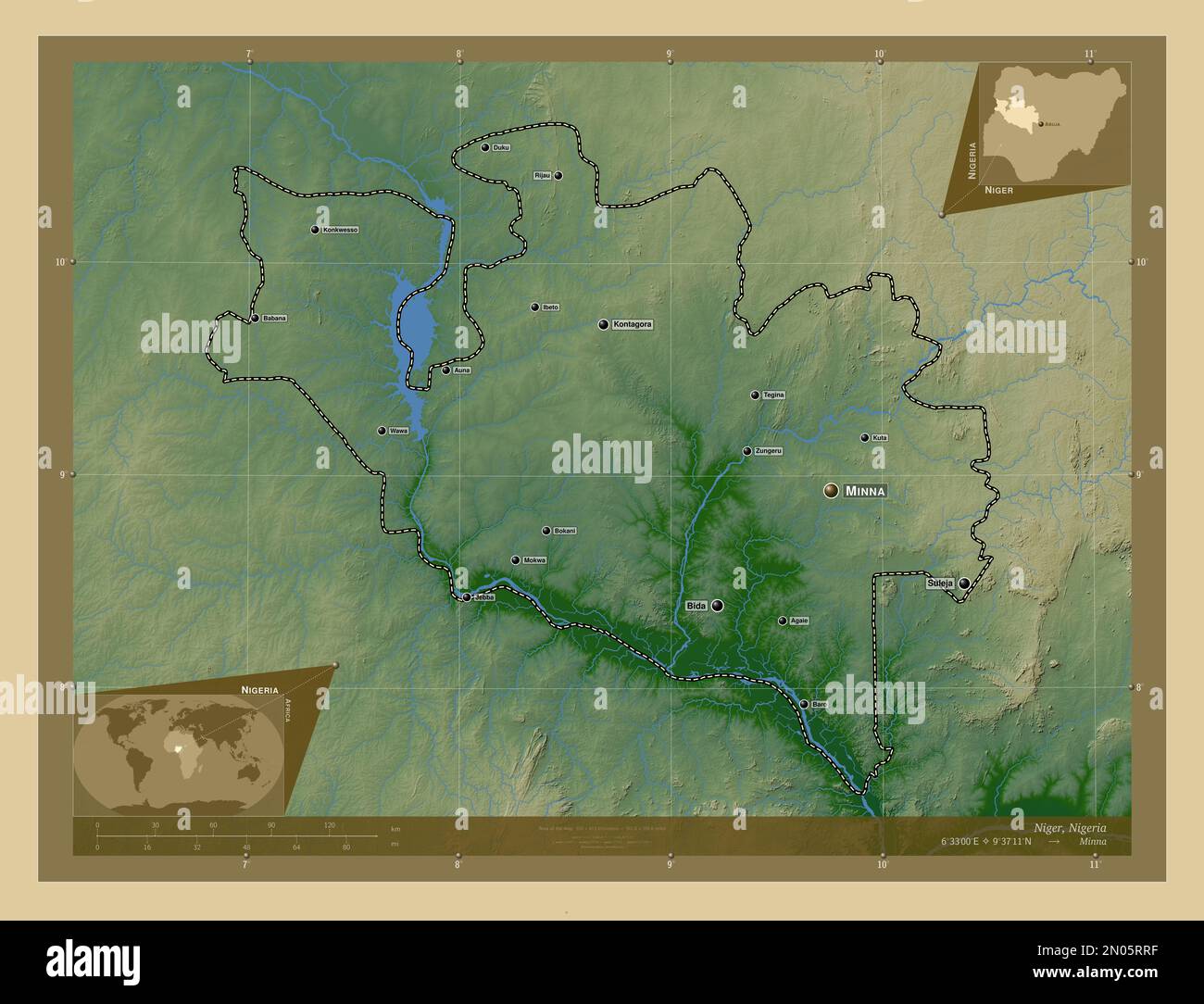 Niger, state of Nigeria. Colored elevation map with lakes and rivers ...