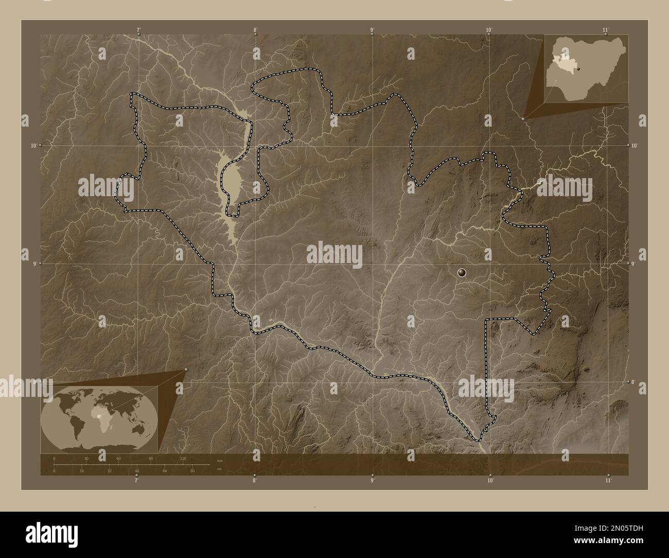 Niger, state of Nigeria. Elevation map colored in sepia tones with ...