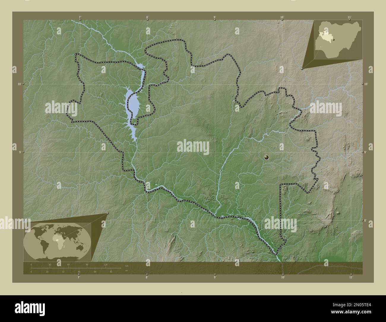 Niger, state of Nigeria. Elevation map colored in wiki style with lakes ...