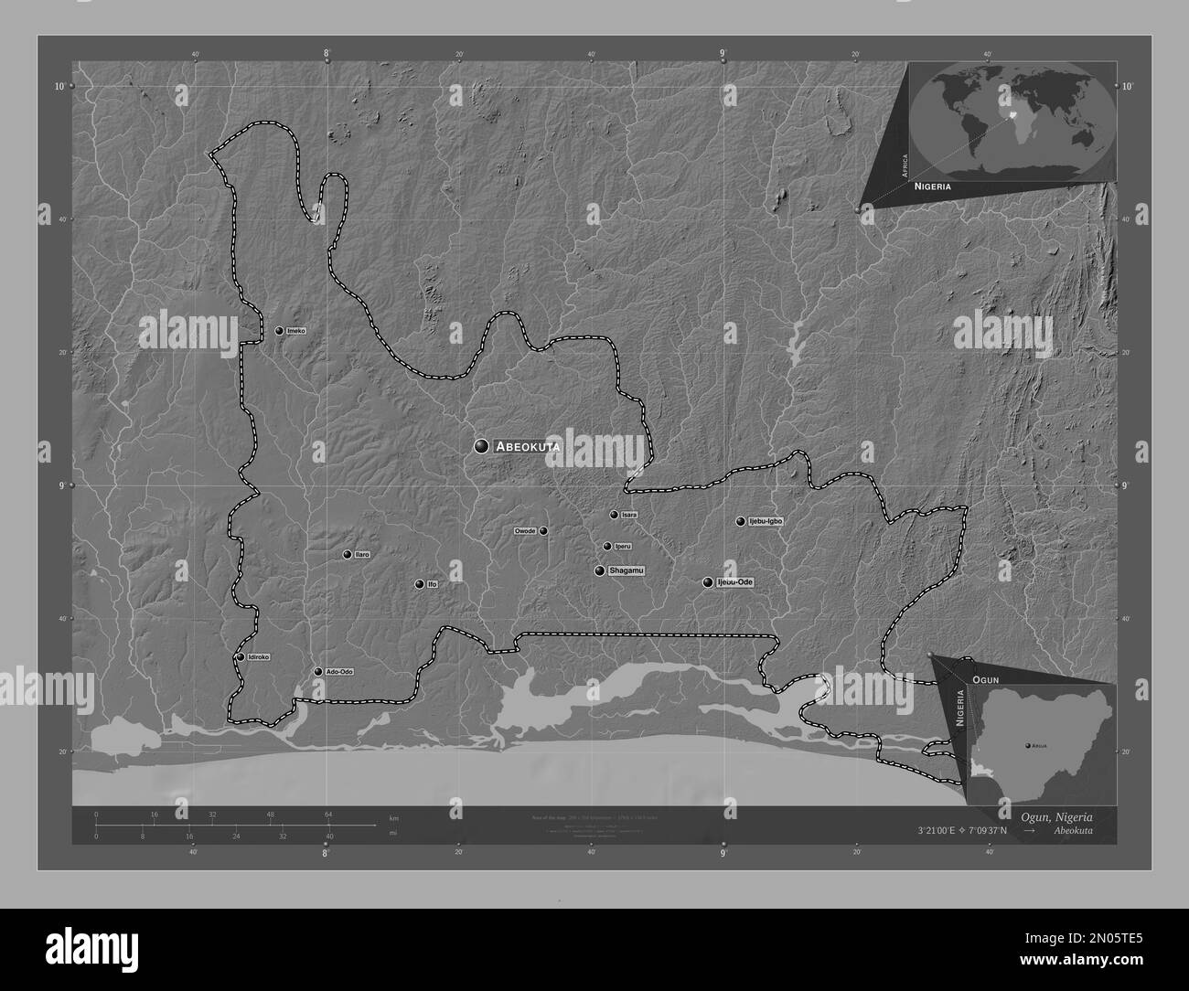 Ogun, state of Nigeria. Bilevel elevation map with lakes and rivers ...