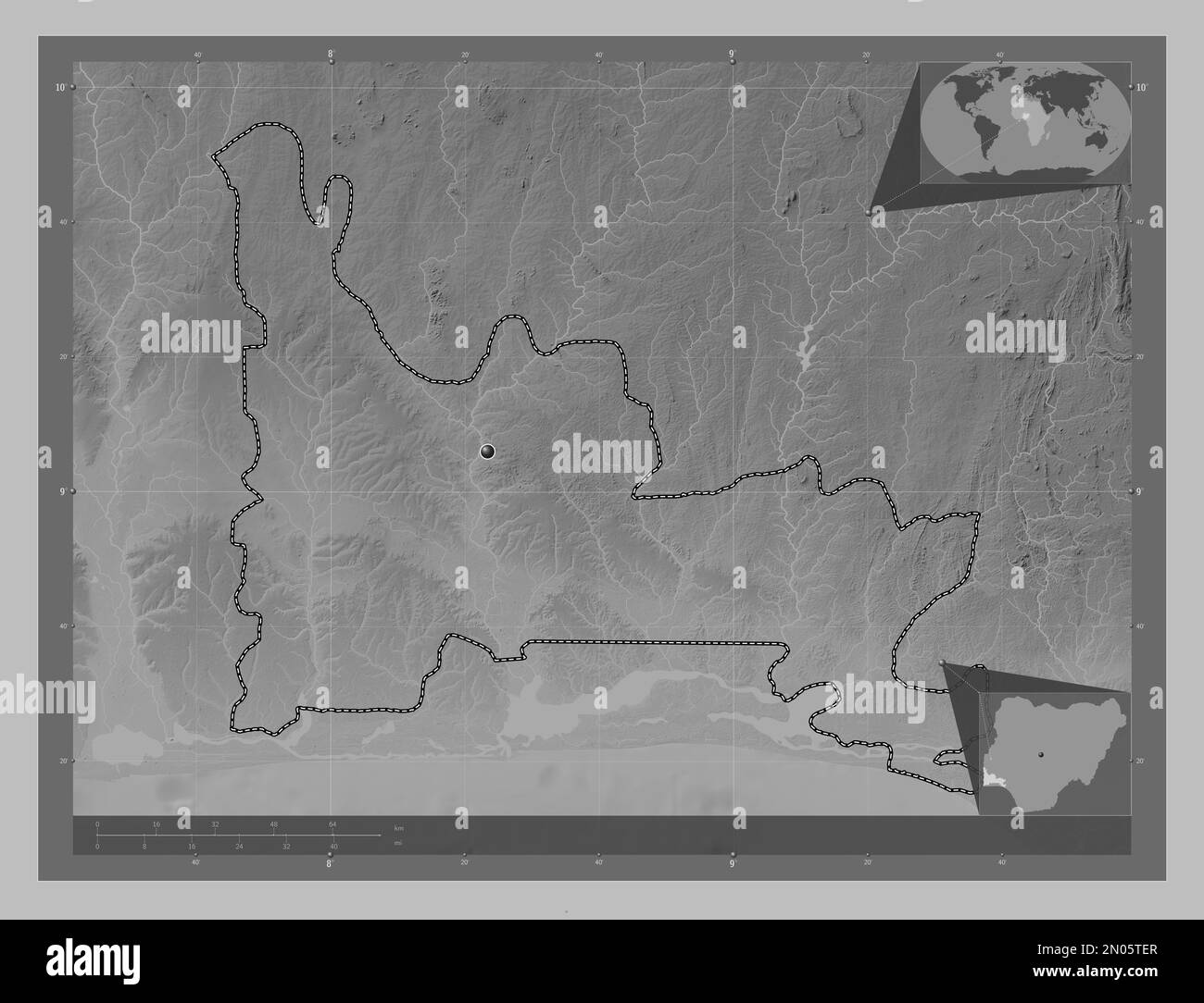 Ogun, state of Nigeria. Grayscale elevation map with lakes and rivers ...