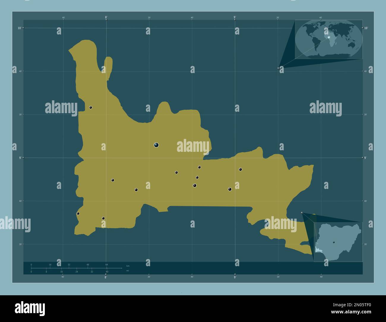 Ogun, state of Nigeria. Solid color shape. Locations of major cities of ...