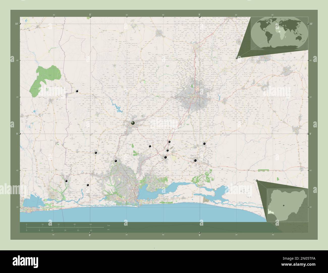 Ogun, state of Nigeria. Open Street Map. Locations of major cities of ...