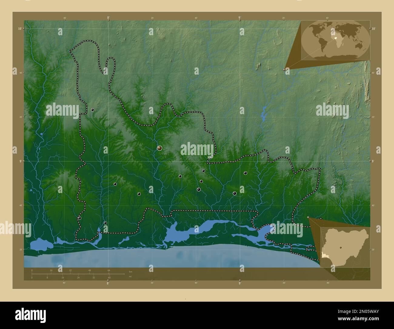 Ogun, state of Nigeria. Colored elevation map with lakes and rivers ...