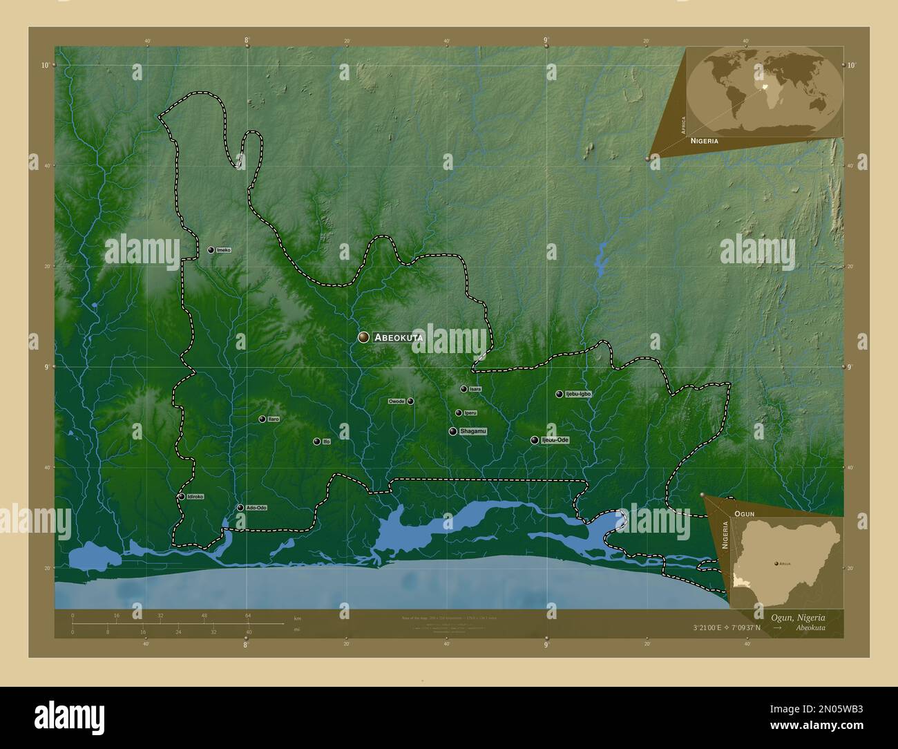 Ogun, state of Nigeria. Colored elevation map with lakes and rivers ...