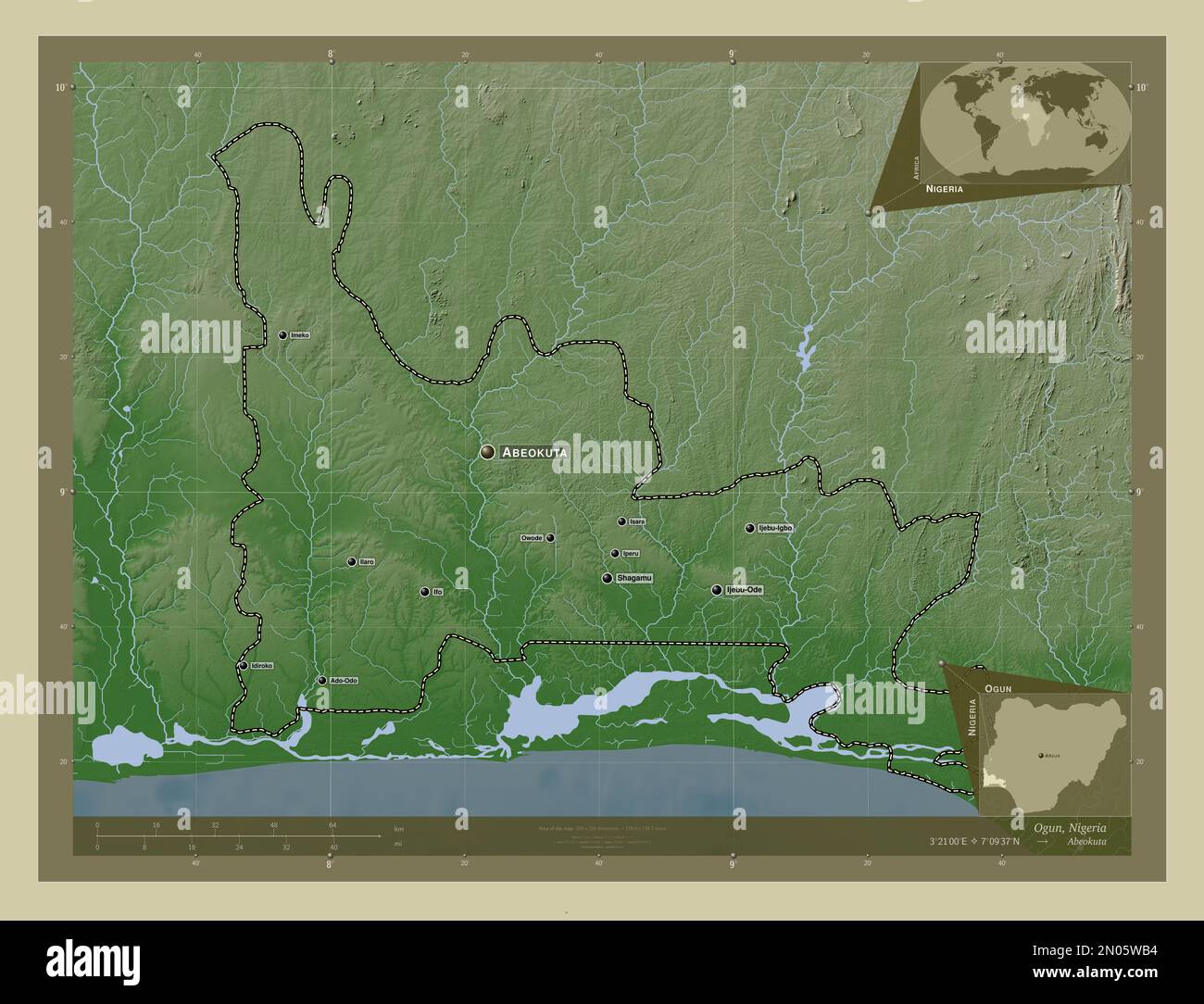 Ogun, state of Nigeria. Elevation map colored in wiki style with lakes ...
