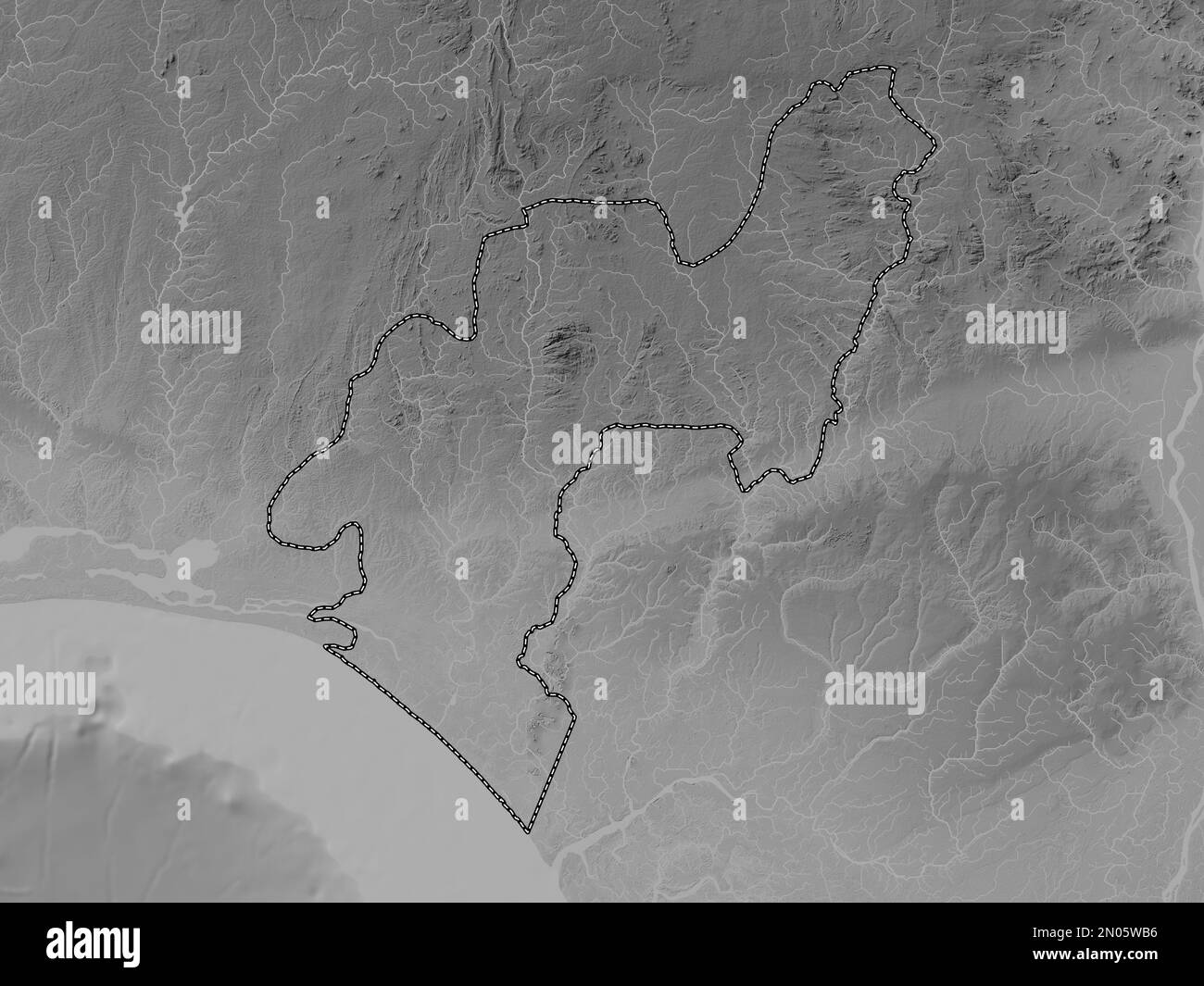 Ondo, state of Nigeria. Grayscale elevation map with lakes and rivers ...