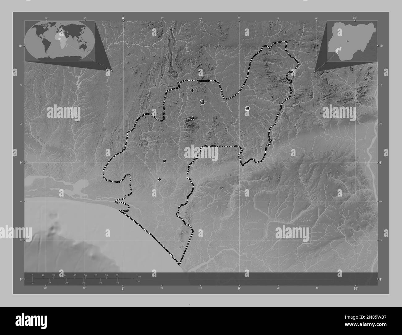 Ondo, state of Nigeria. Grayscale elevation map with lakes and rivers ...