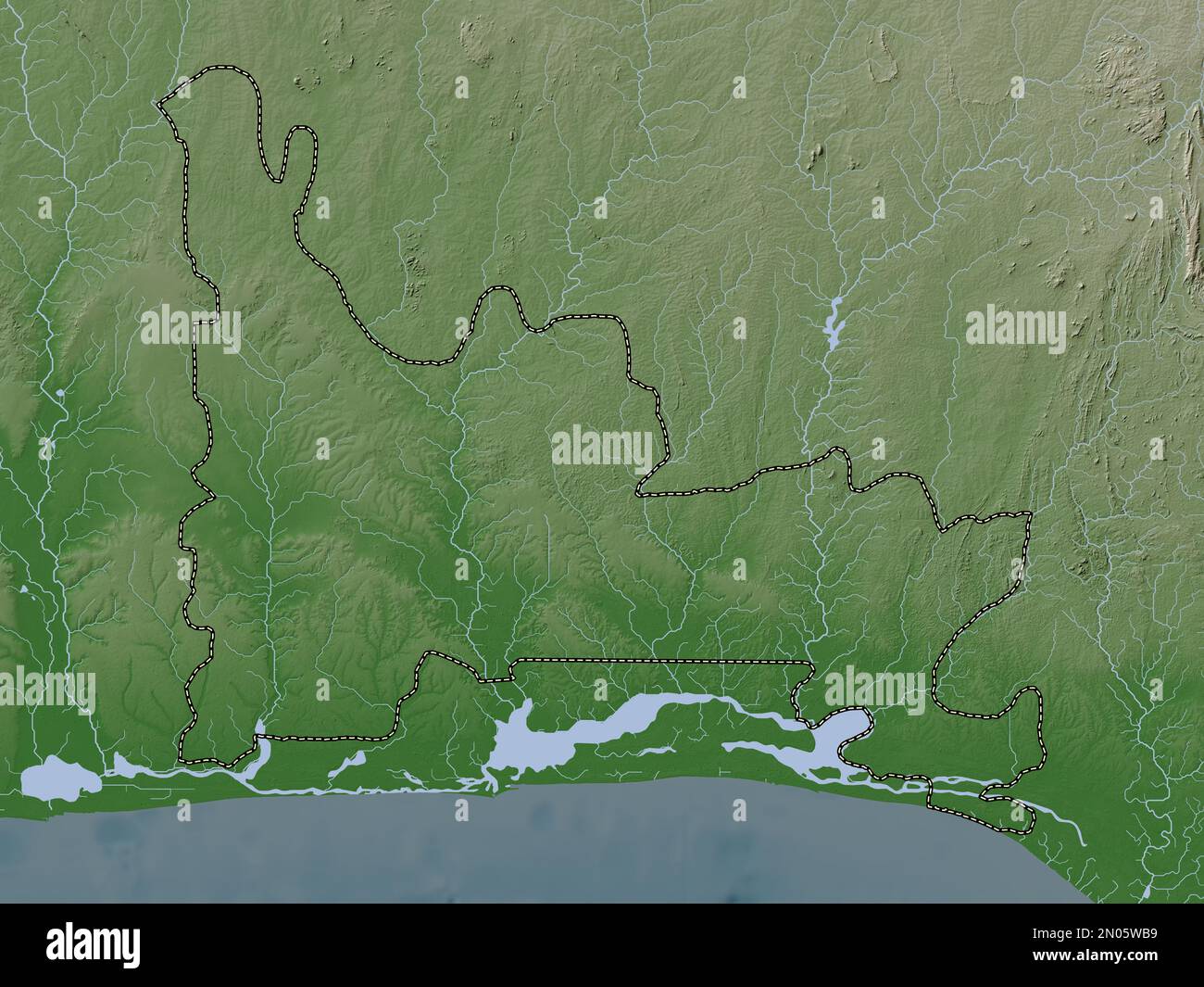 Ogun, state of Nigeria. Elevation map colored in wiki style with lakes and rivers Stock Photo ...