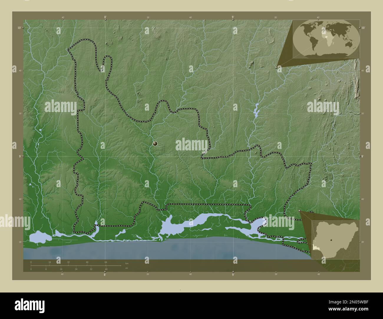 Ogun, state of Nigeria. Elevation map colored in wiki style with lakes and rivers. Corner ...